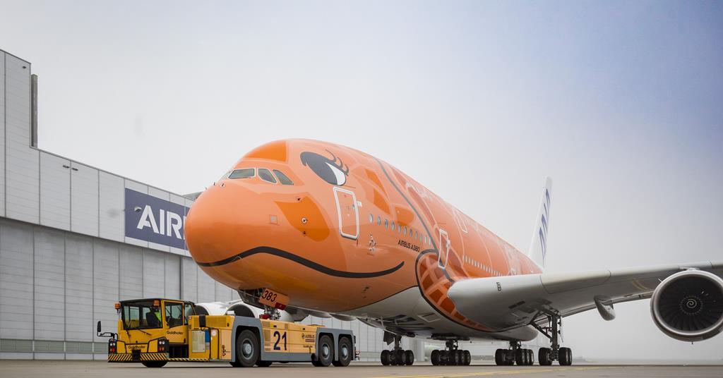 ANA’s third A380 emerges from Airbus paint shop with orange turtle ...