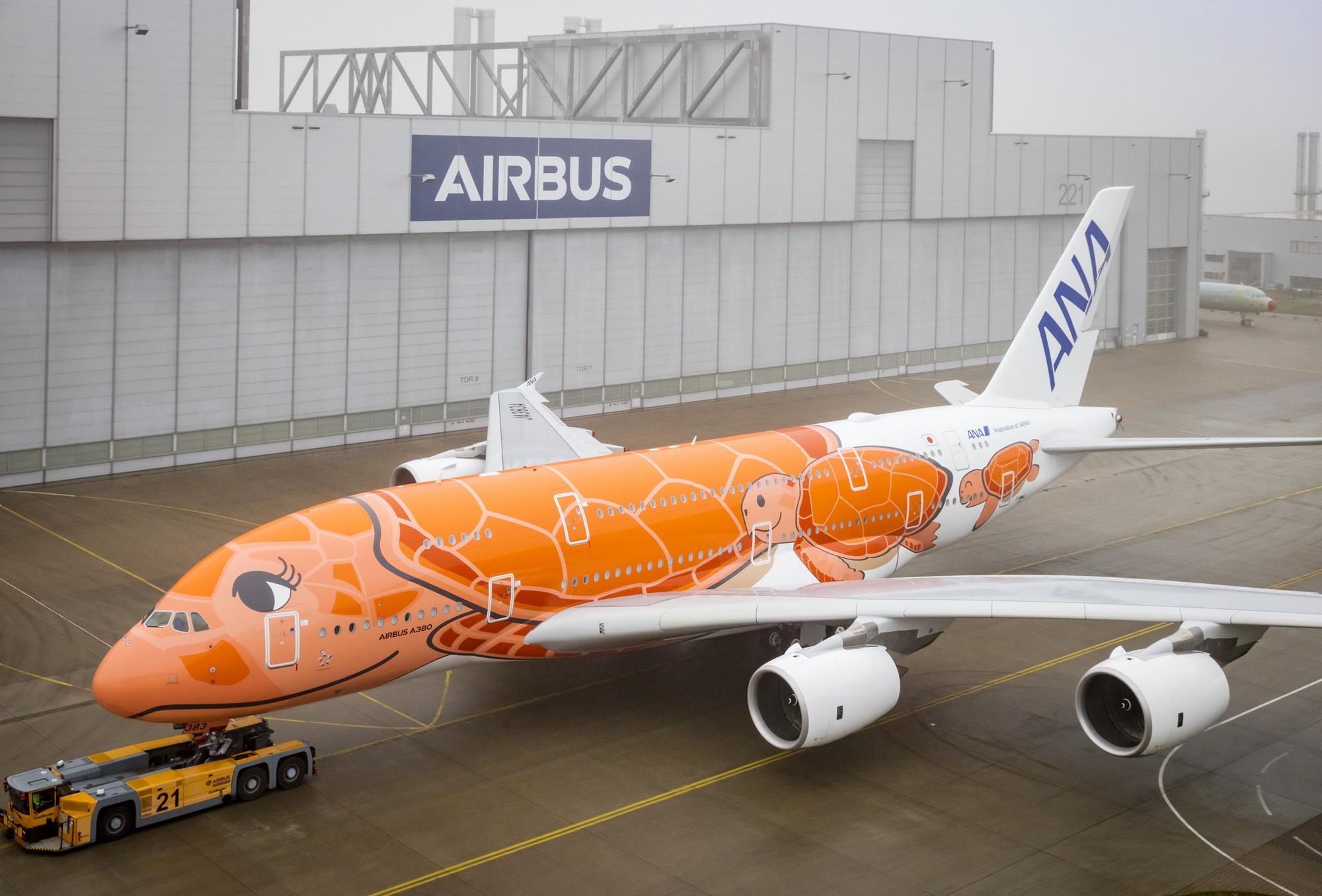ANA’s third A380 emerges from Airbus paint shop with orange turtle ...